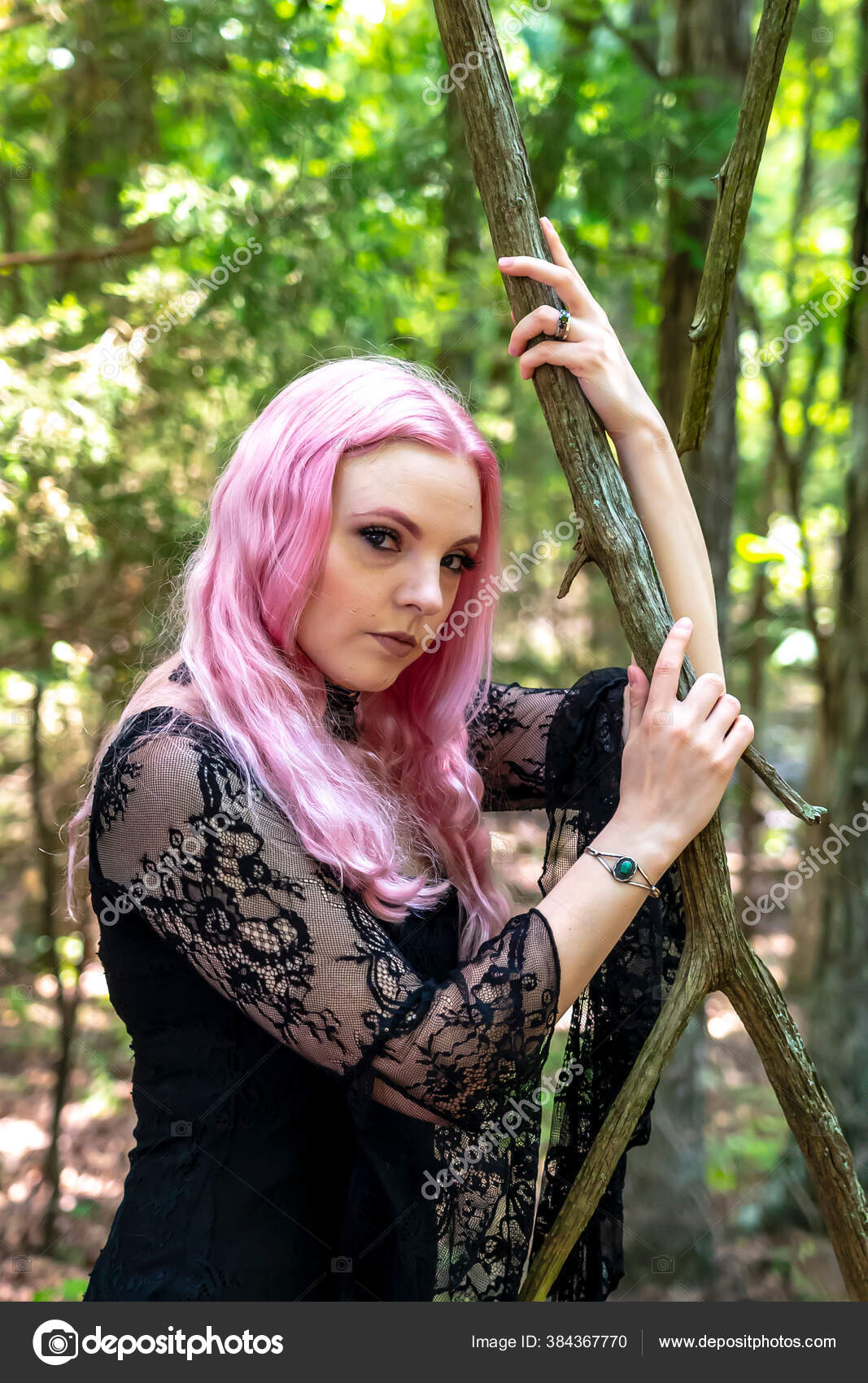Gorgeous Gothic Model Acts Forest Environment — Stock Photo ...