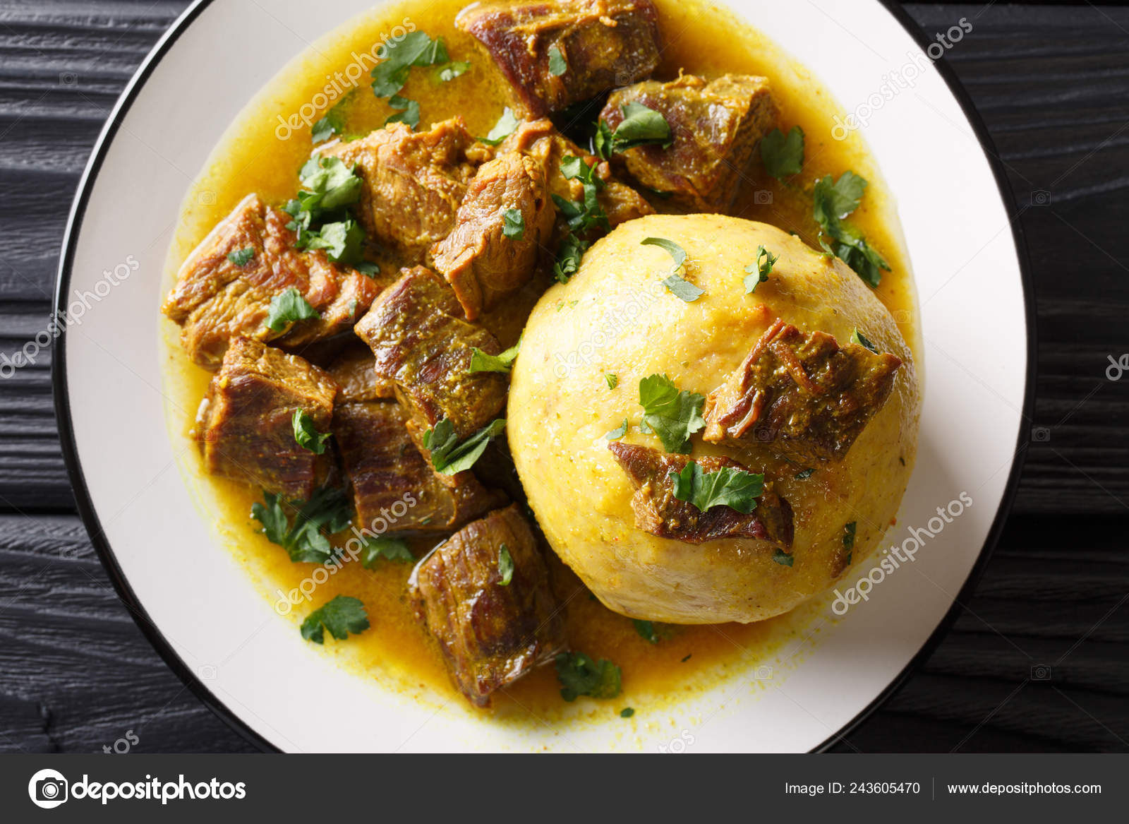 Mofongo Made Plantain Chicharron Served Meat Broth Close Plate Table ...