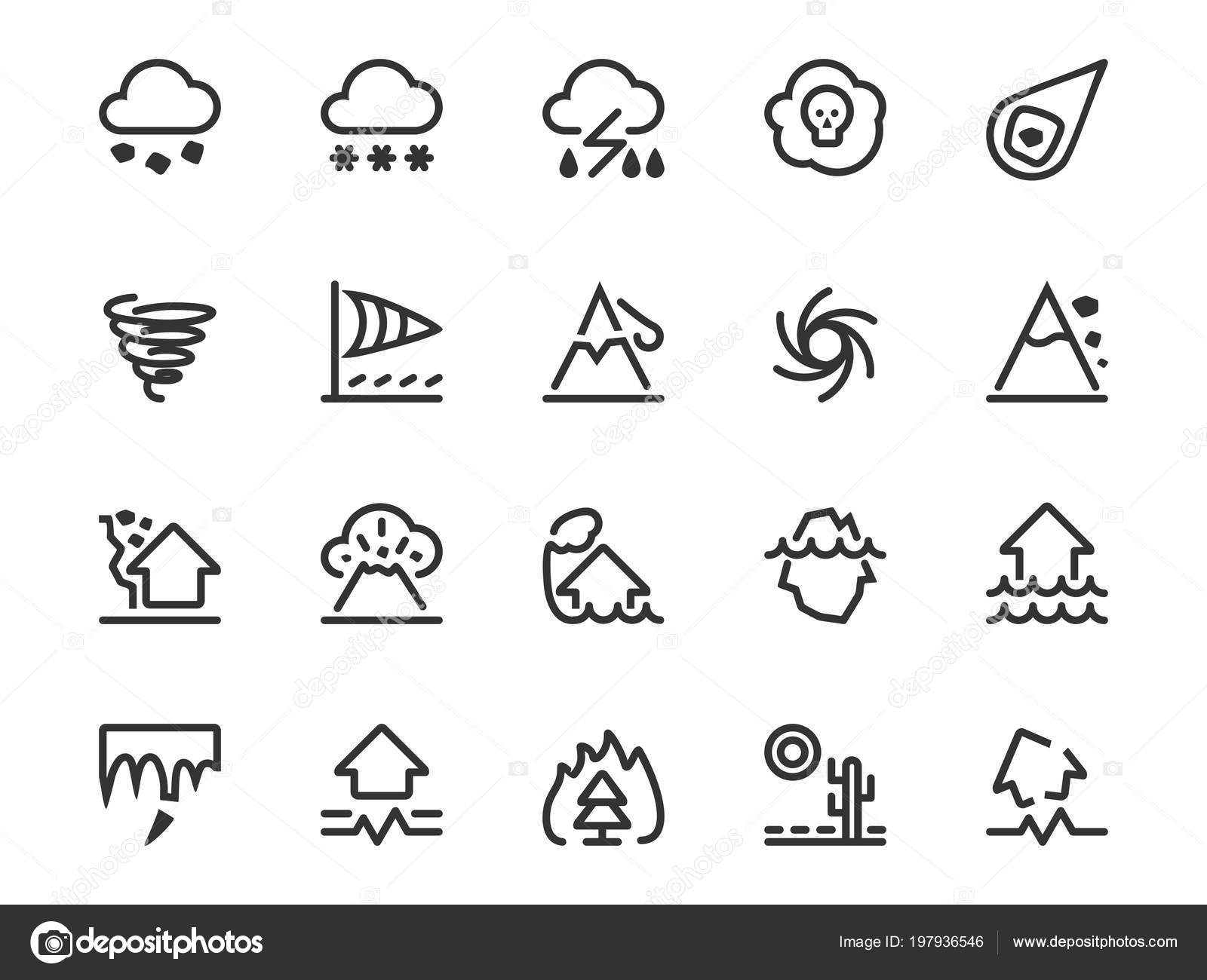 Set Natural Disaster Icons Line Style Risks Dangers Which Taken Stock ...