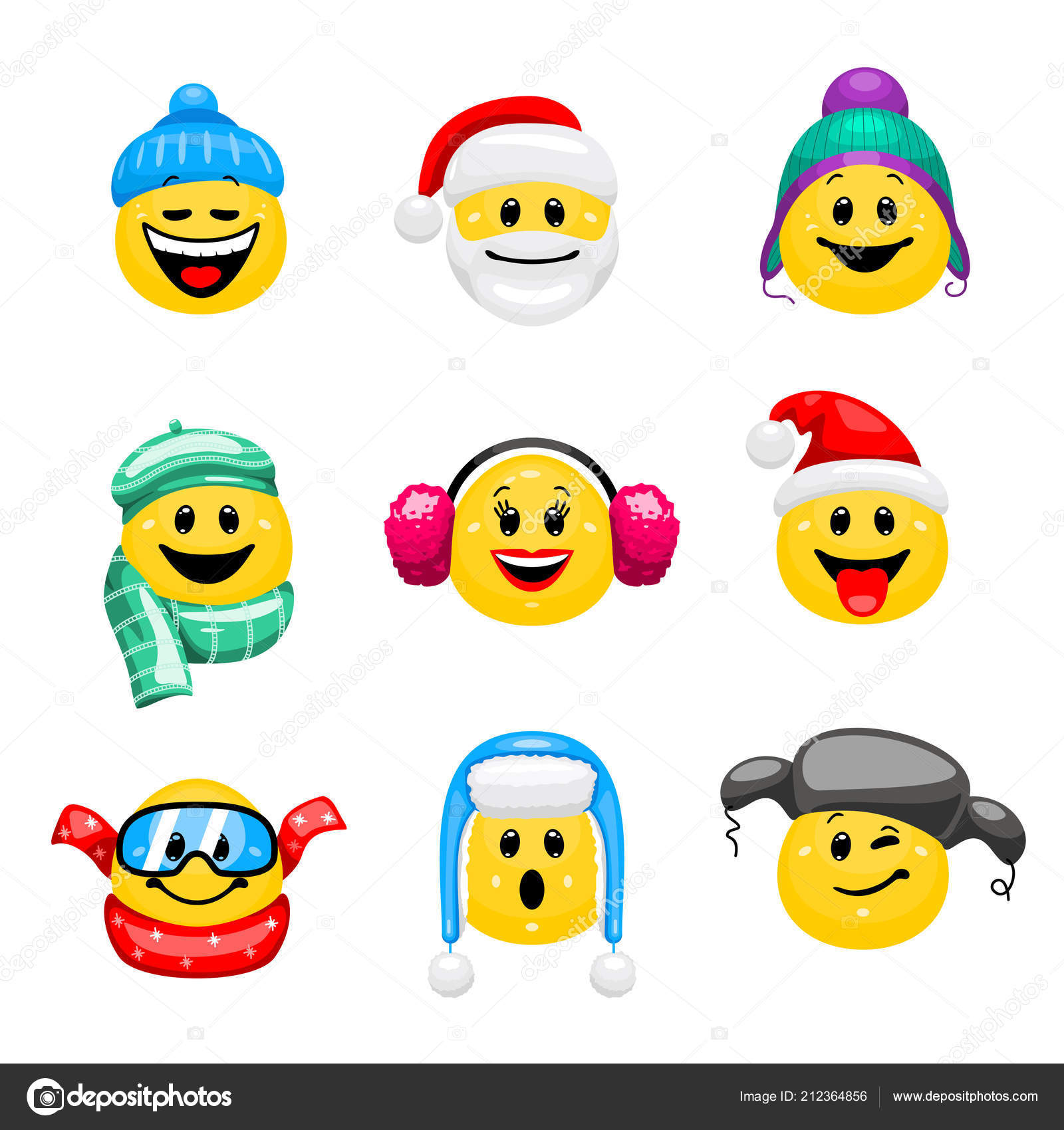 Vector Set Emoticons Winter Clothes Collection Face Icons Wearing Hats ...