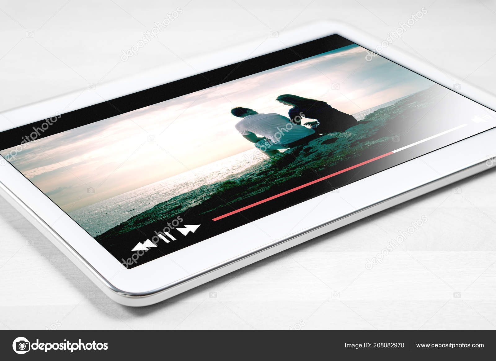 Online Movie Stream Mobile Device White Tablet Wooden Table Imaginary ...