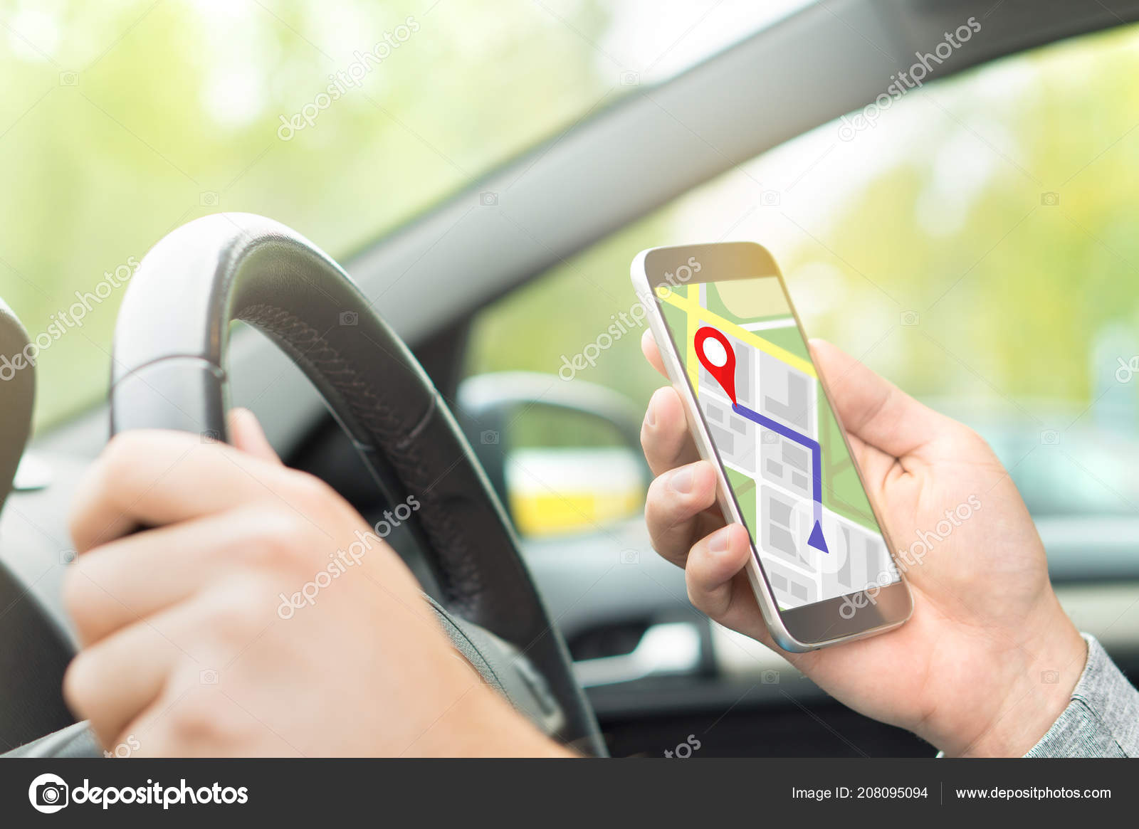 Man Driving Car Using Online Map Gps Application Smart Phone — Stock ...