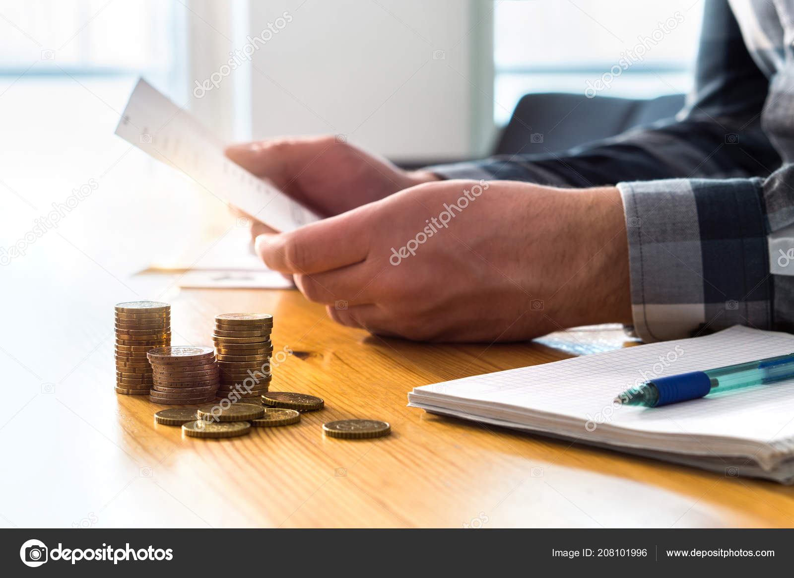 Man Reading Bank Statement Check Reminder Tax Refund Document Phone ...