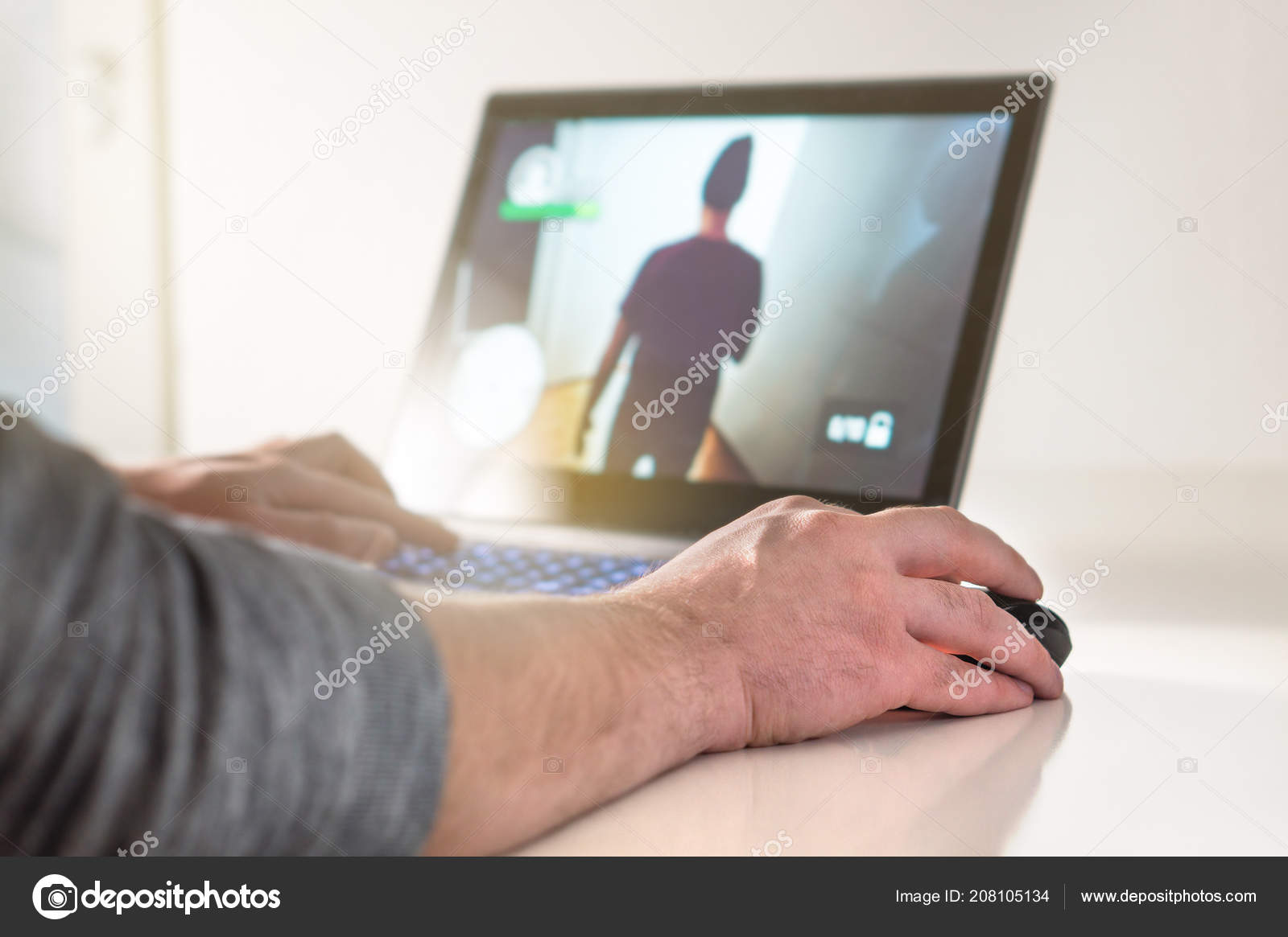 Playing Video Game Laptop Gamer Computer Young Man Hand Mouse Stock ...