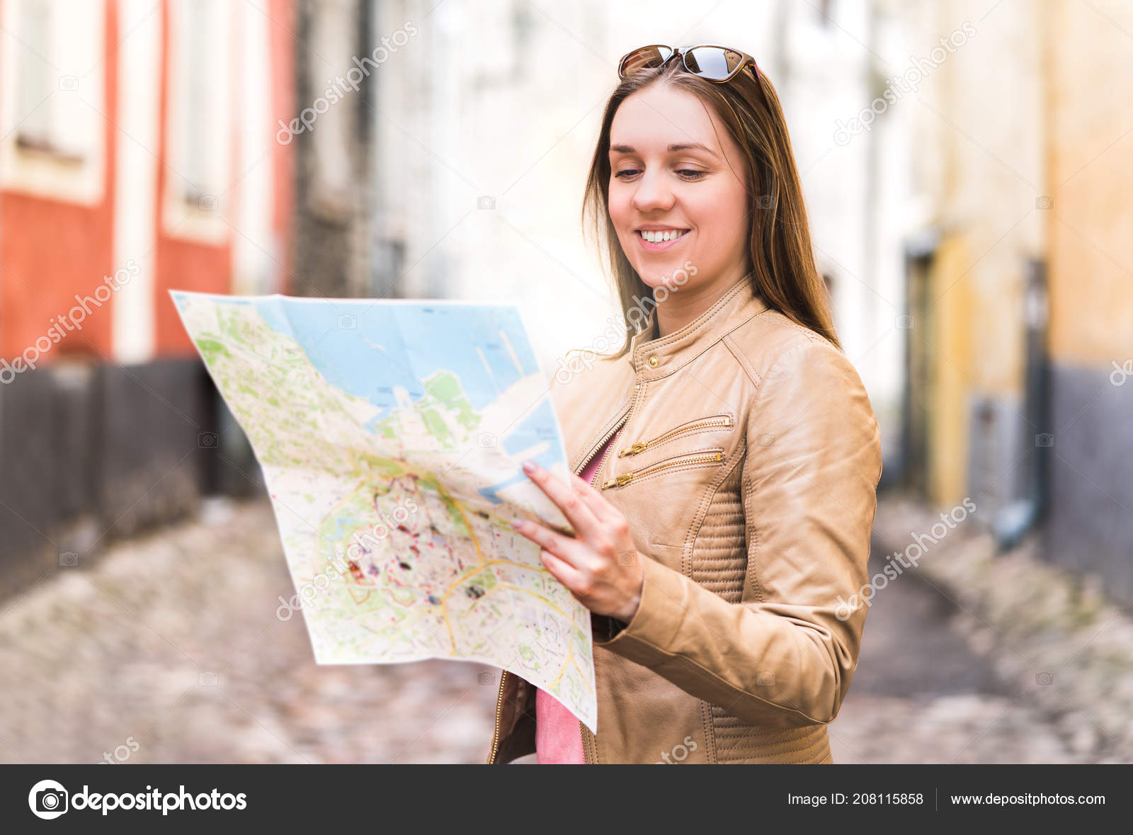 Happy Young Woman Reading Map Smiling Traveler Navigating Planning ...