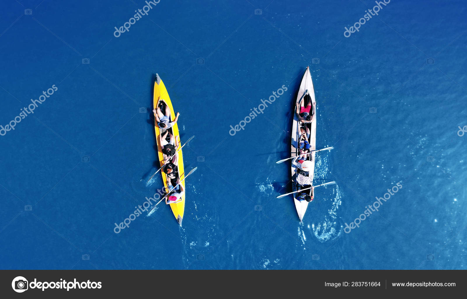 Kayaking Top View Group Kayaks Rowing Together Aerial View Drone ...