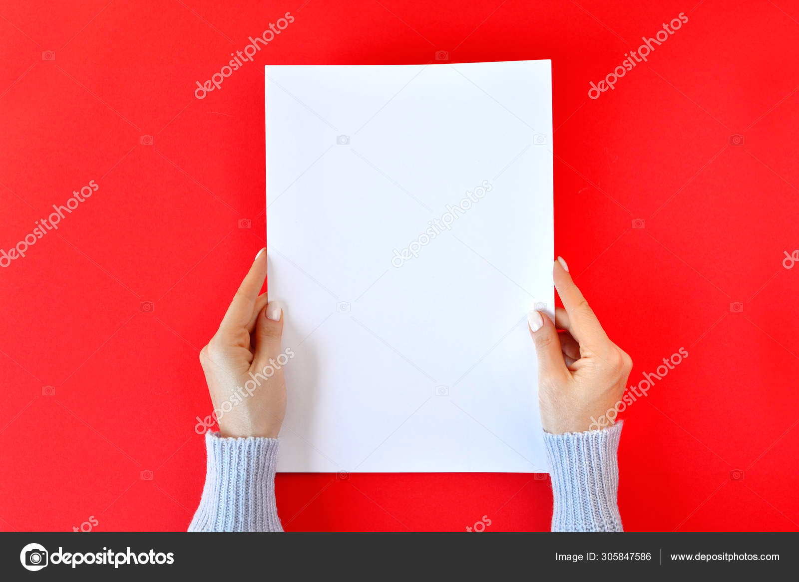 Empty White Paper Female Hands Red Background Minimal Composition Your ...