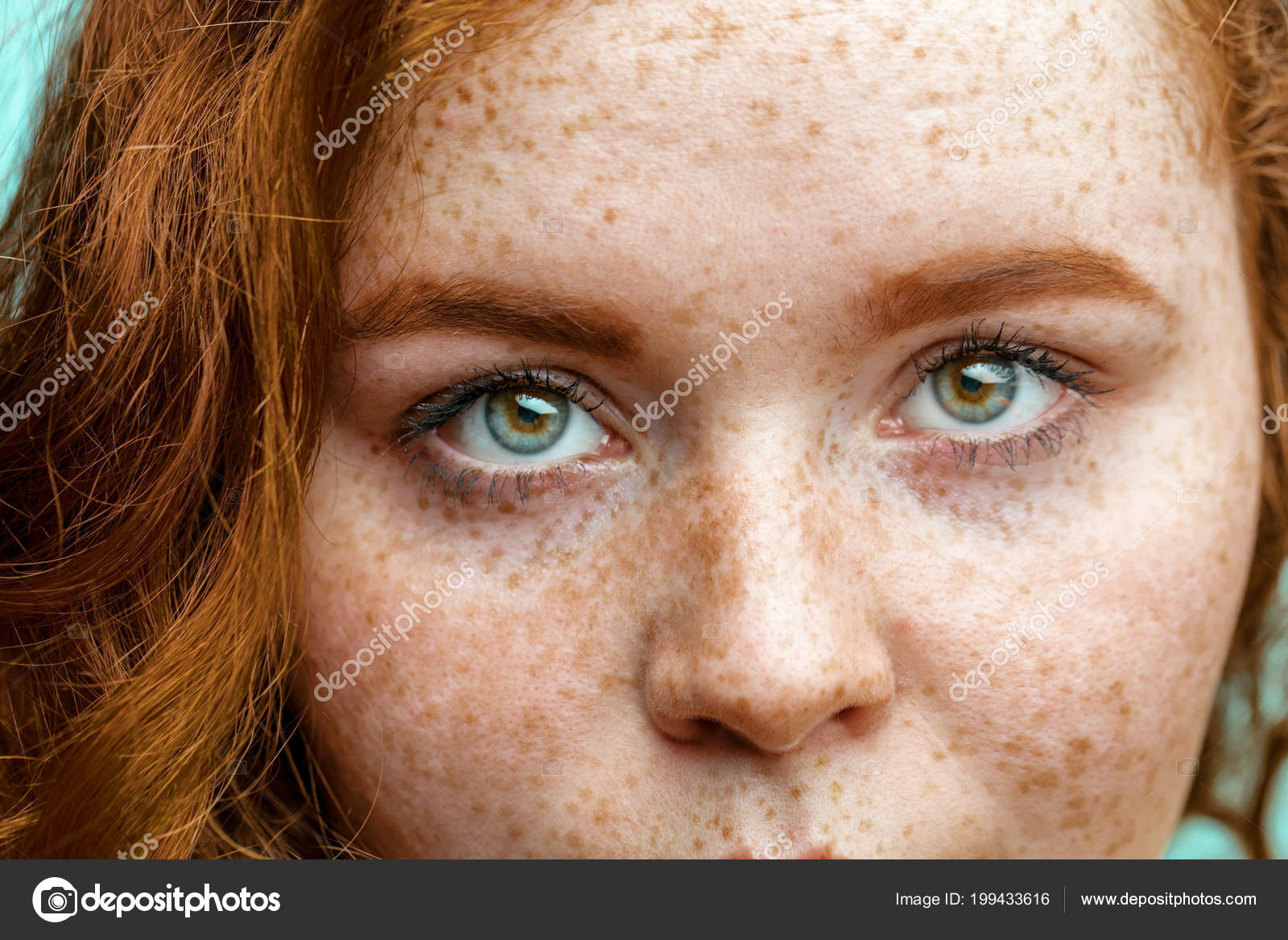 Close Up Macro Face Of Young Red Ginger Freckled Woman With Beautiful