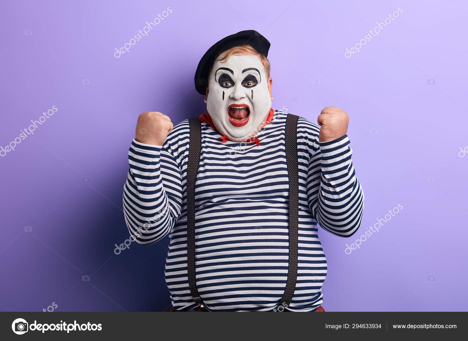 Carzy fat mime with raised arms rejoicing at success, victory — Stock ...