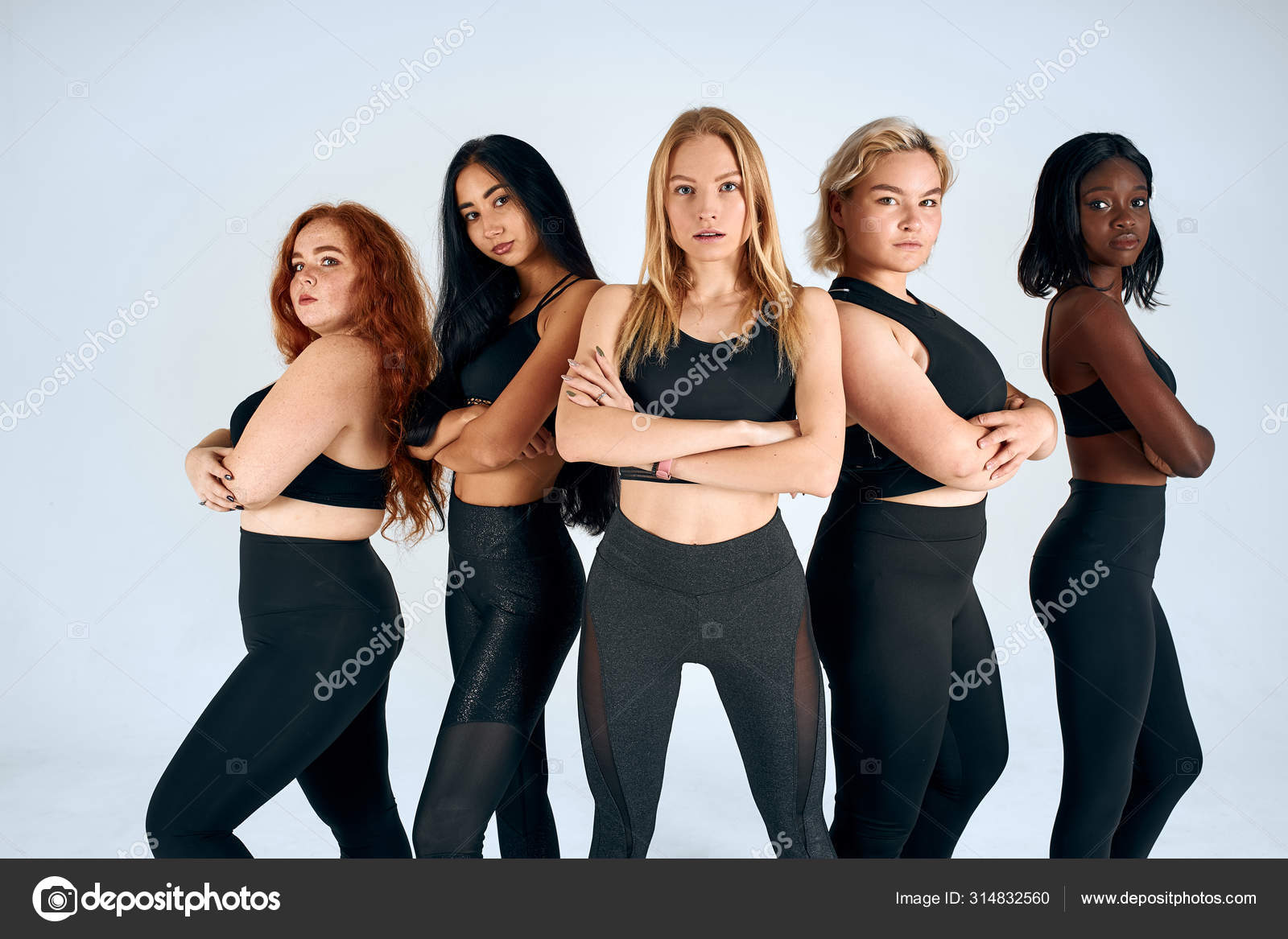 Five different size and nation girls with diversuty in skin, hair Stock ...