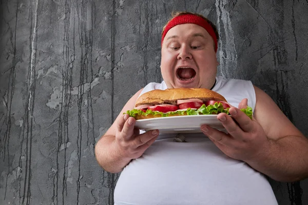 handsome caucasian fat man going to eat big tasty sandwich - Stock ...