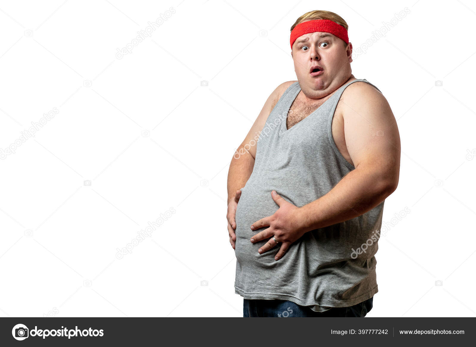 Fat young man making a gesture pointing to himself isolated on white ...