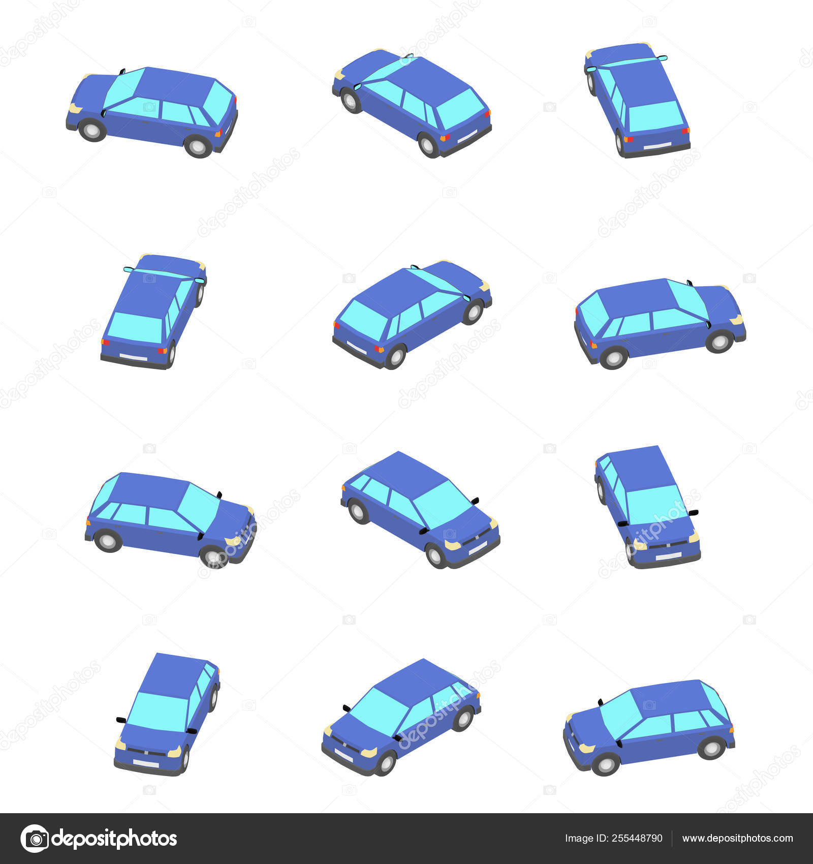 Animation Rotation Car Isometric View Blue Hatchback Different Viewing ...