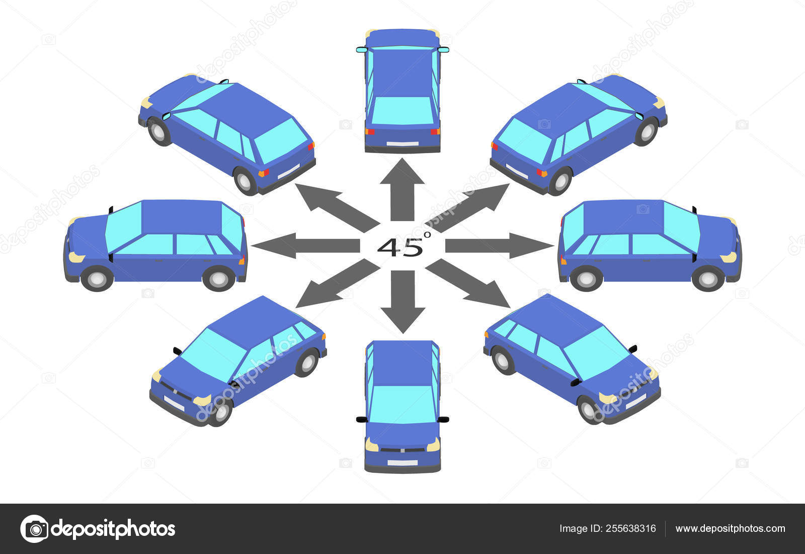 Rotation Hatchback Degrees Blue Car Different Angles Isometric Stock ...