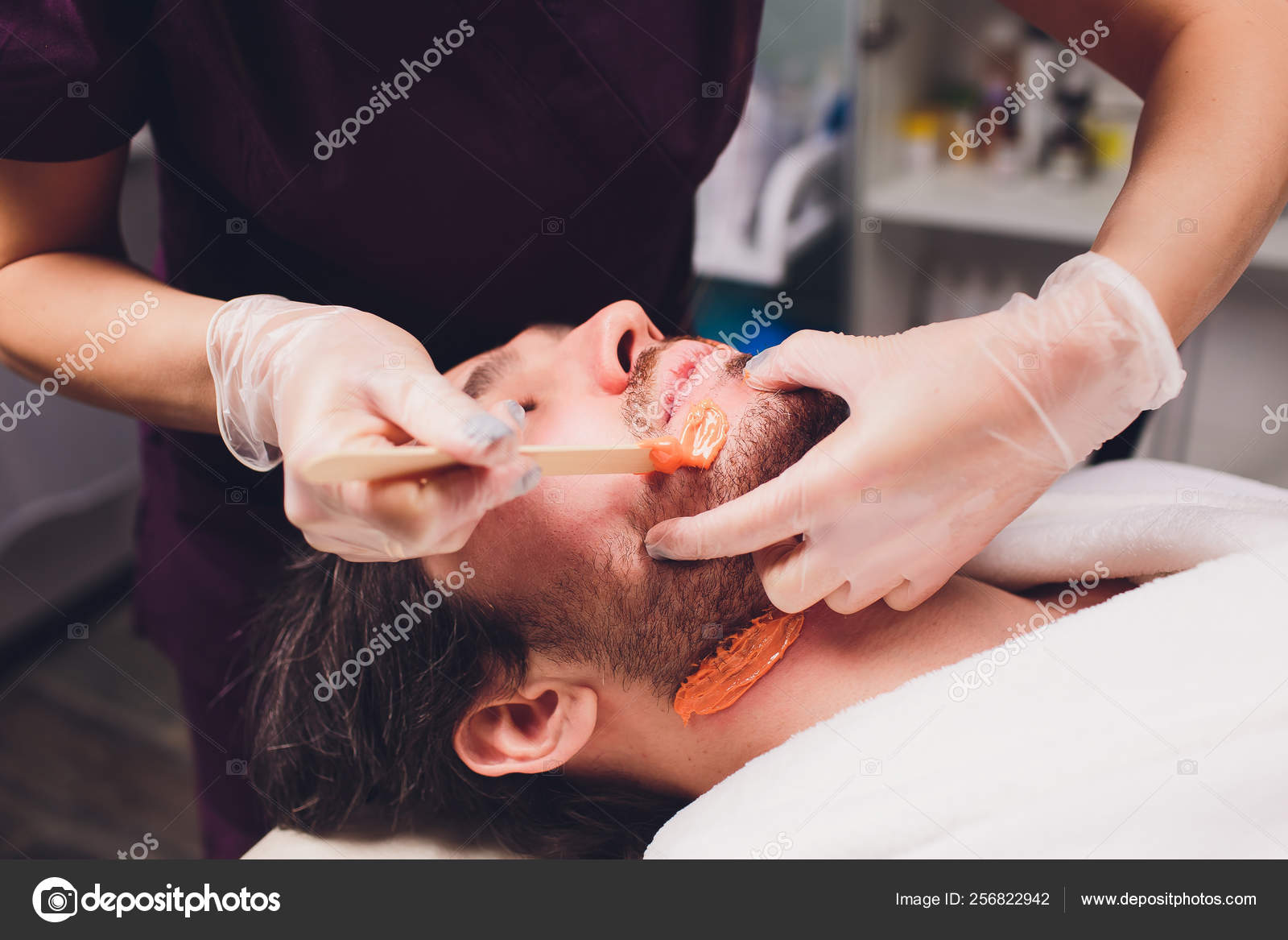 Hair removal. Mans face sugaring epilations beard trimming, yellow ...