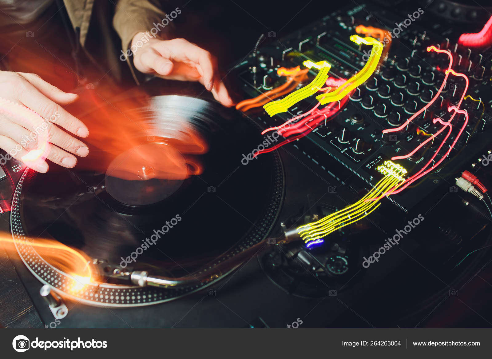 A vinyl record on the panel of the DJ. DJ equipment. — Stock Photo ...