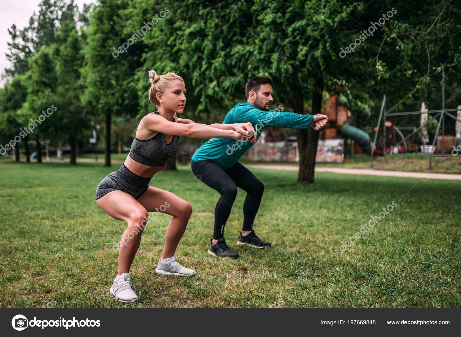 Young Man Woman Doing Squat Exercises Outdoor Stock Photo by ©bnenin ... Young Man Woman Doing Squat Exercises Outdoor Stock Photo by ©bnenin ...