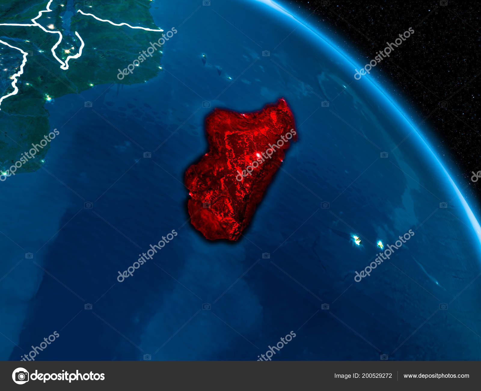 Satellite View Madagascar Highlighted Red Planet Earth Night ...