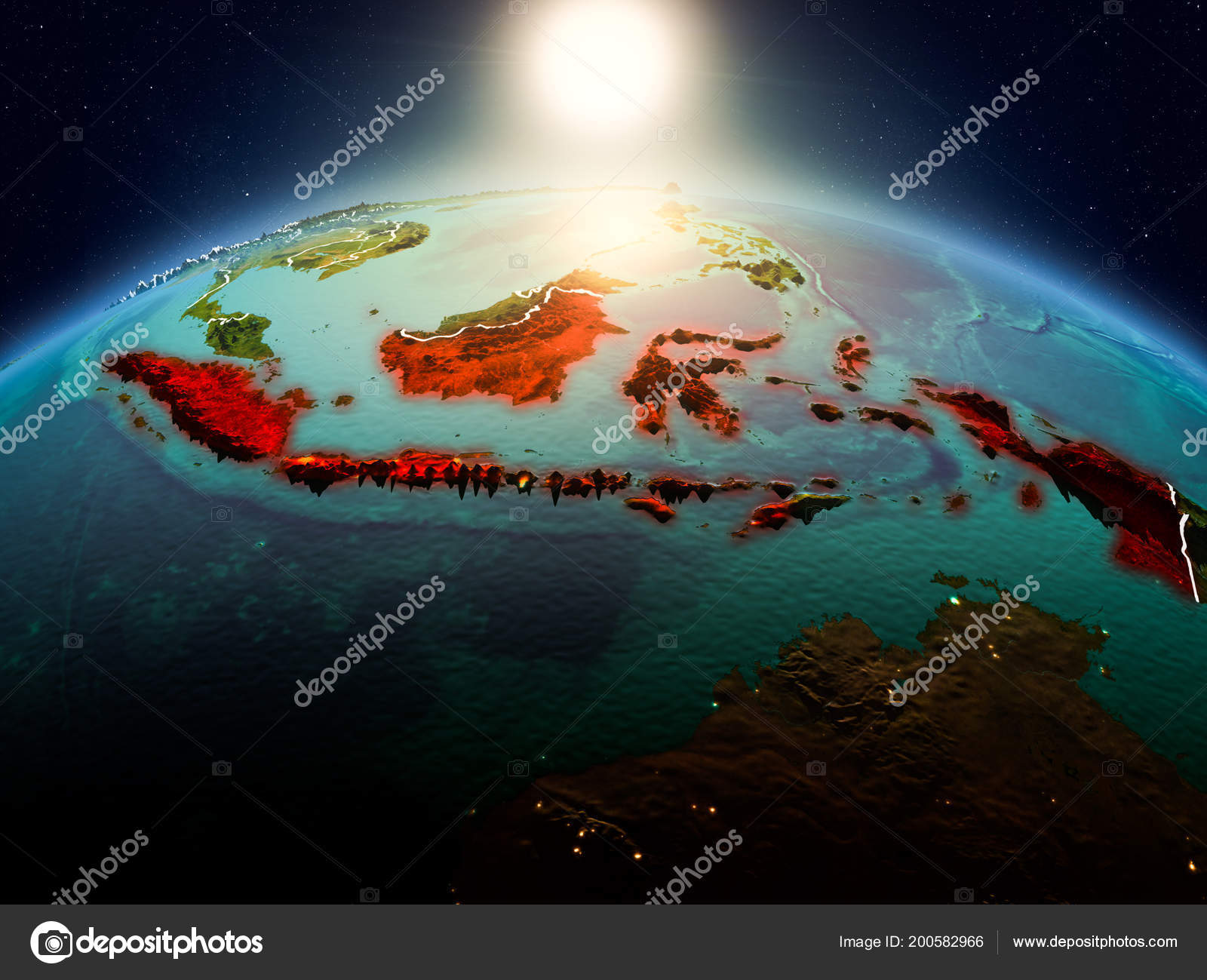 Sunrise Indonesia Highlighted Red Model Planet Earth Space Visible Country — Stock Photo © tom ...