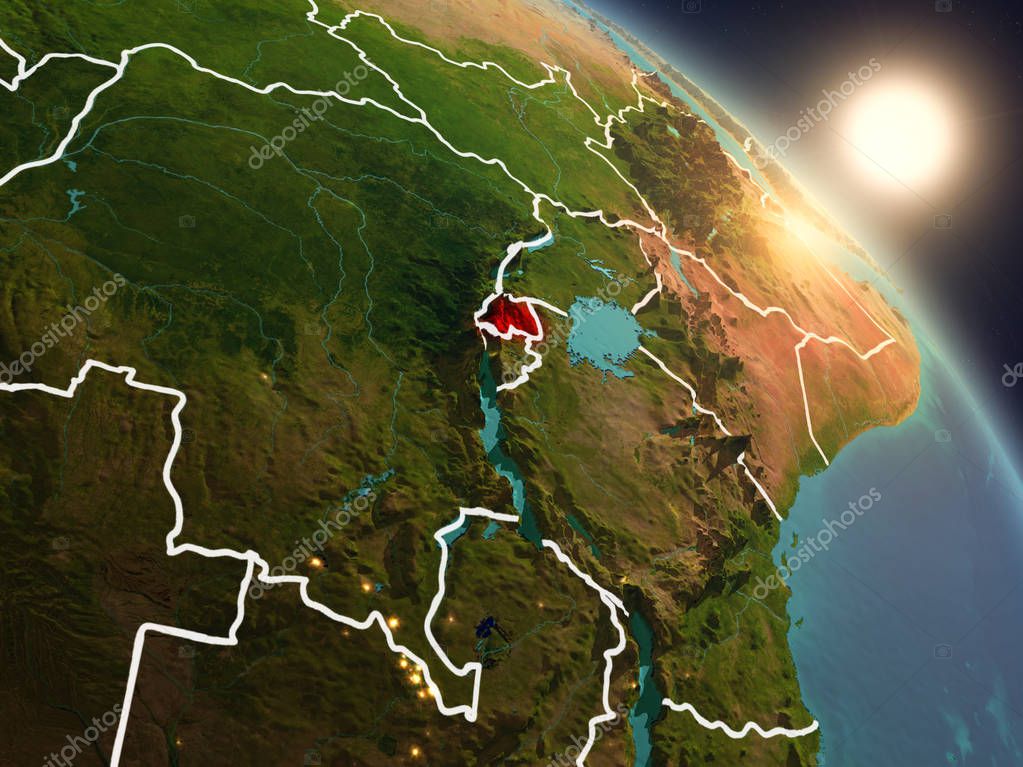 Puesta de sol sobre Ruanda desde el espacio en el planeta Tierra con ...