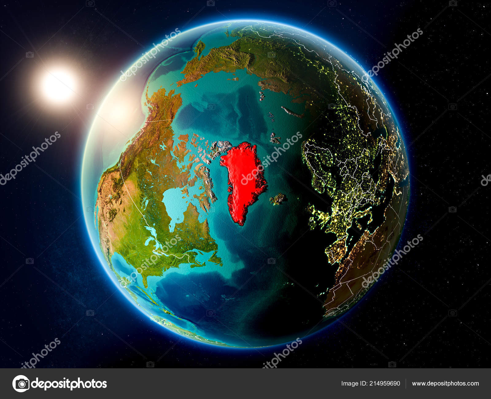 Sunset Greenland Highlighted Red Planet Earth Visible Country Borders Illustration — Stock Photo ...