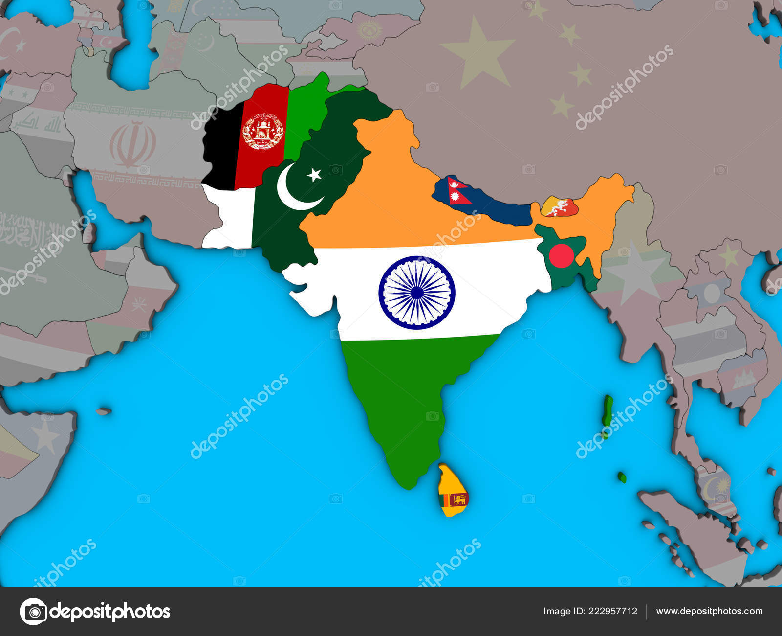 Saarc Memeber States Embedded National Flags Blue Political Globe ...