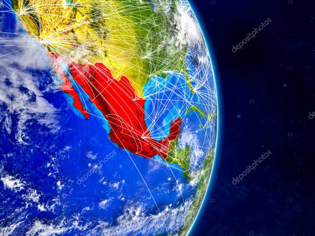 México en el planeta Tierra con redes. Superficie del planeta y nubes ...
