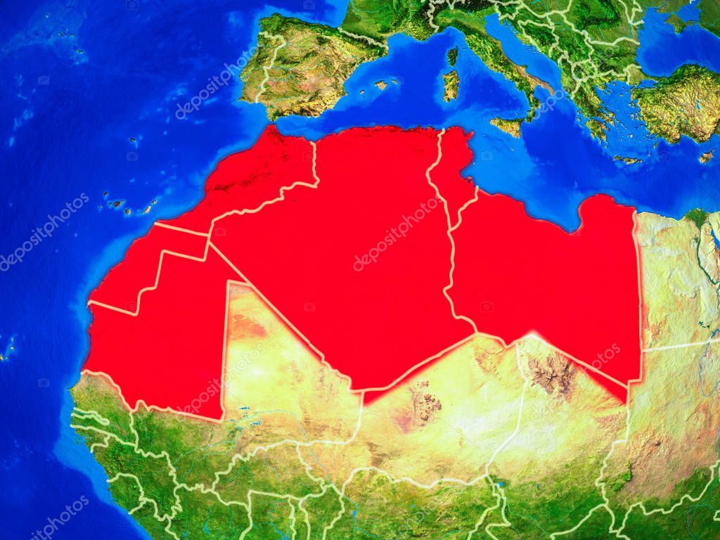 Región del Magreb desde el espacio en el modelo del planeta Tierra con ...