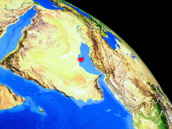 Qatar on planet Earth from space with country borders. Very fine detail ...