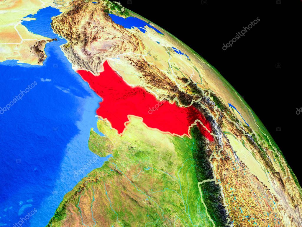 Pakistán en el planeta Tierra desde el espacio con fronteras nacionales ...