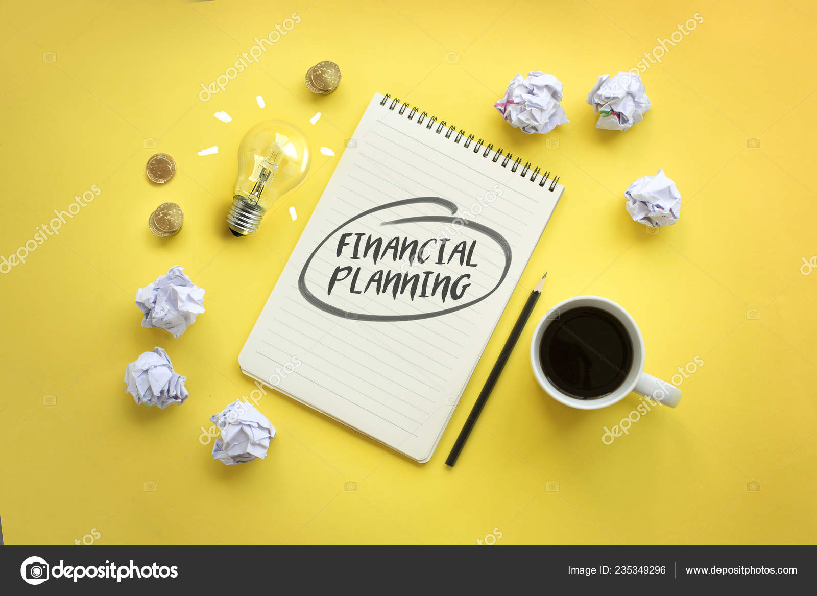 Brainstorming Financial Planning Yellow Background Table Top Stock ...