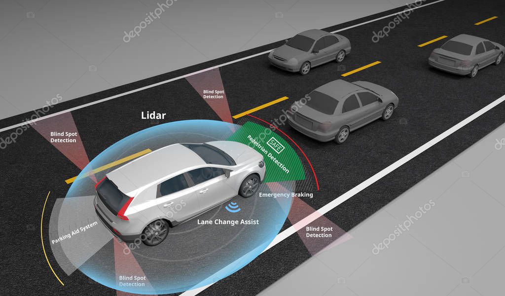 Automóvil eléctrico autónomo que muestra el uso de sensores de Lidar y ...