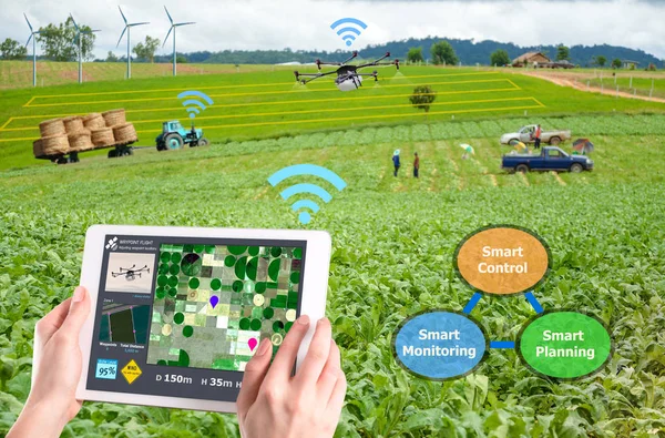 Internet of things(agriculture concept).Icon of smart farming,the man ...