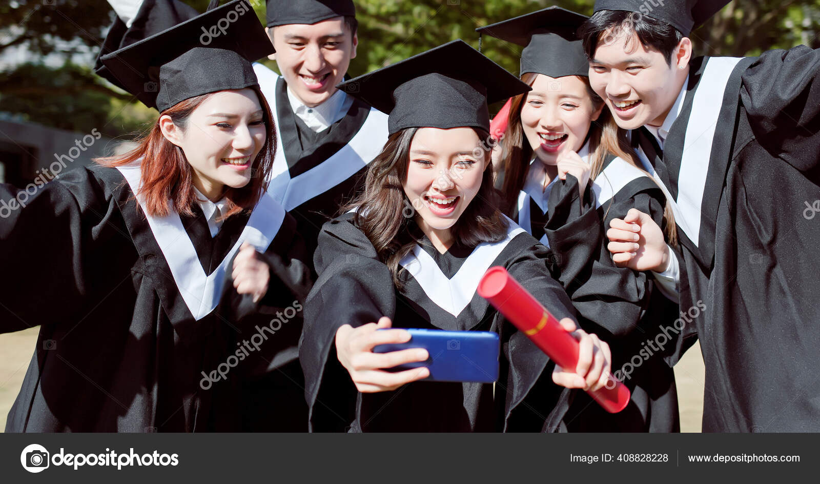 Group Happy Graduate Students Use Mobile Phone Take Picture Together ...