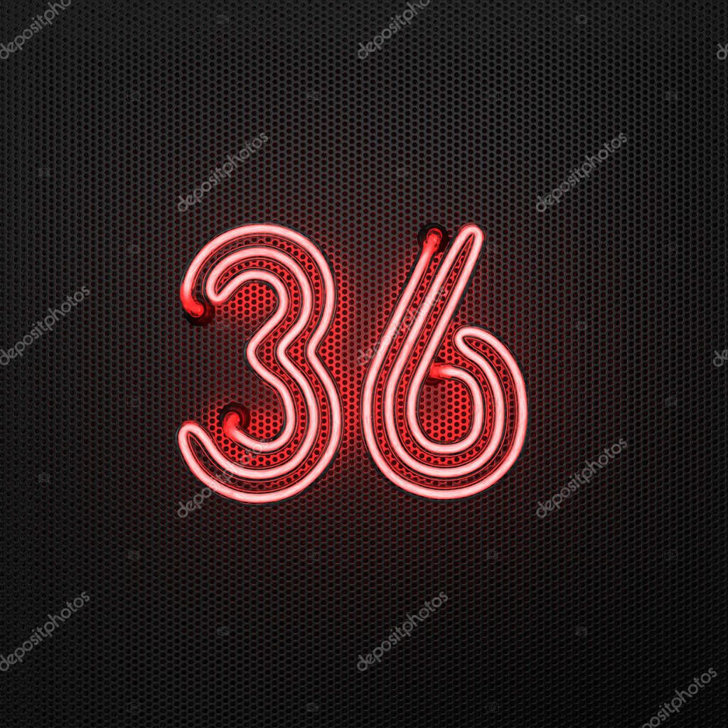 Neón rojo brillante número 36 (número treinta y seis) sobre un fondo ...
