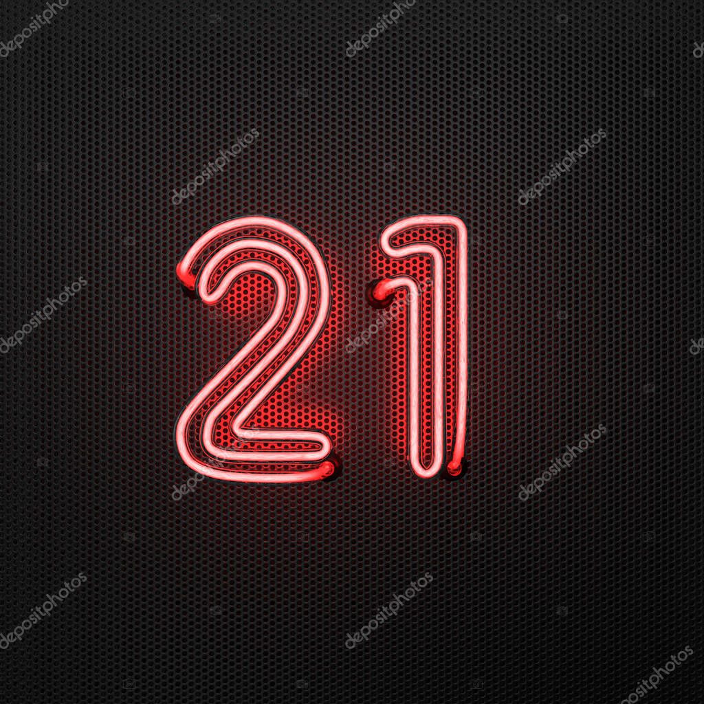 Neón rojo brillante número 21 (número veintiuno) sobre un fondo ...