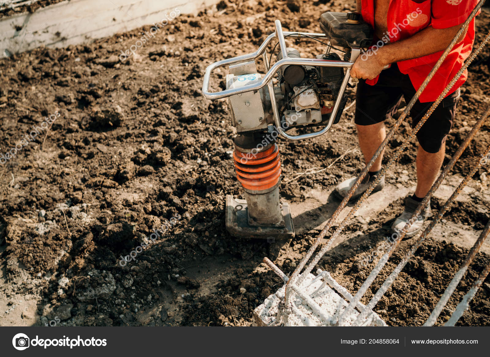 Details Construction Worker Using Compactor Earth Soil Compacting Stock ...