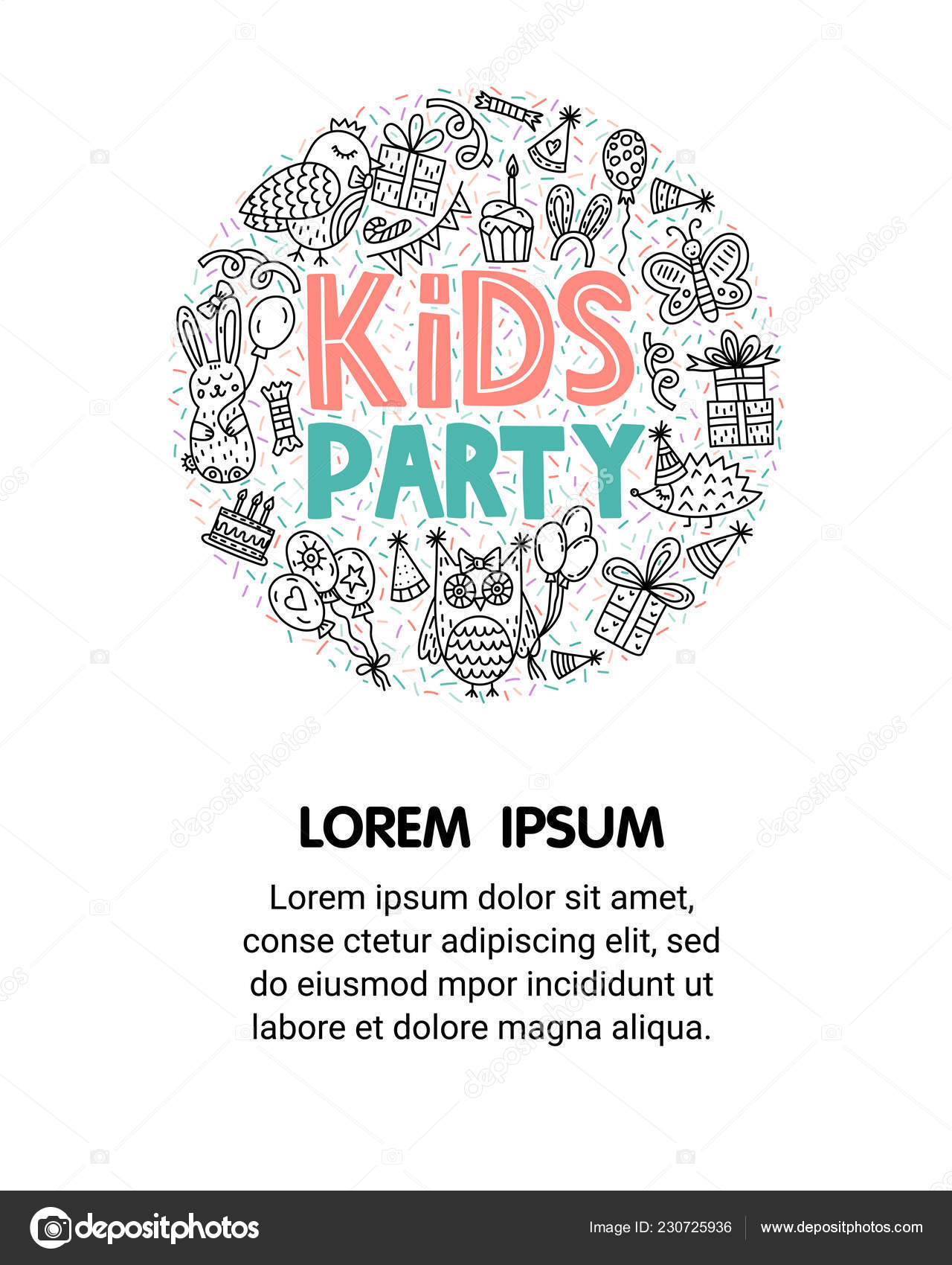 Kids party. Circle concept lettering with doodles Stock Vector by ...