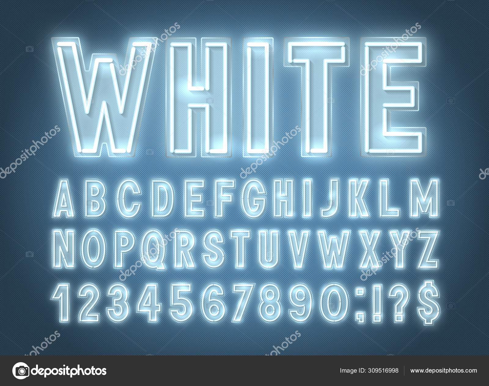 Neon white font, light alphabet with numbers. Stock Vector Image by ...
