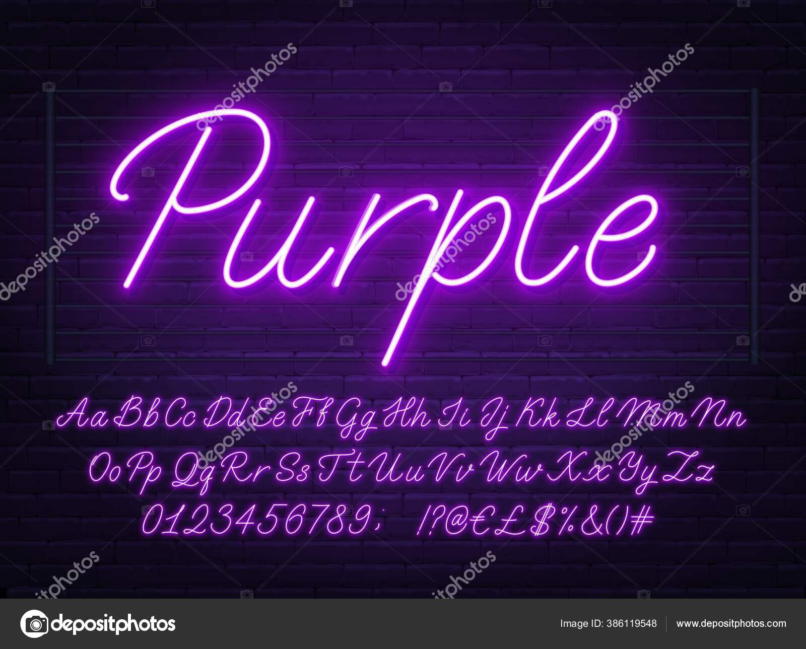 Neon purple script font. Glowing alphabet with letters, numbers and ...