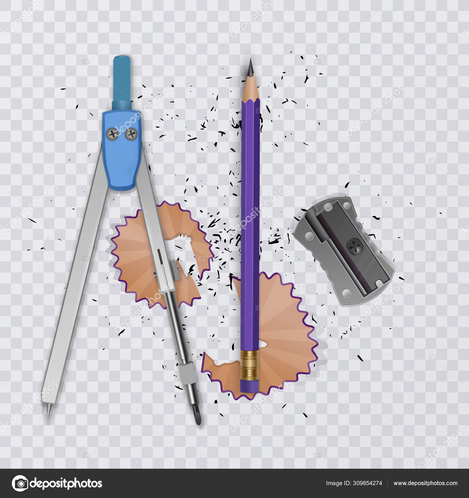 Drawing tool kit, compass, pencil and ruler on transparent background ...