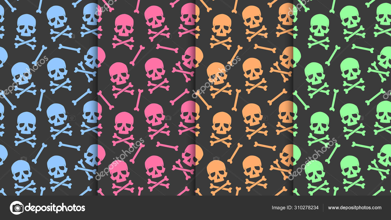 Set of Seamless, endless patterns with colorful skulls on a dark ...