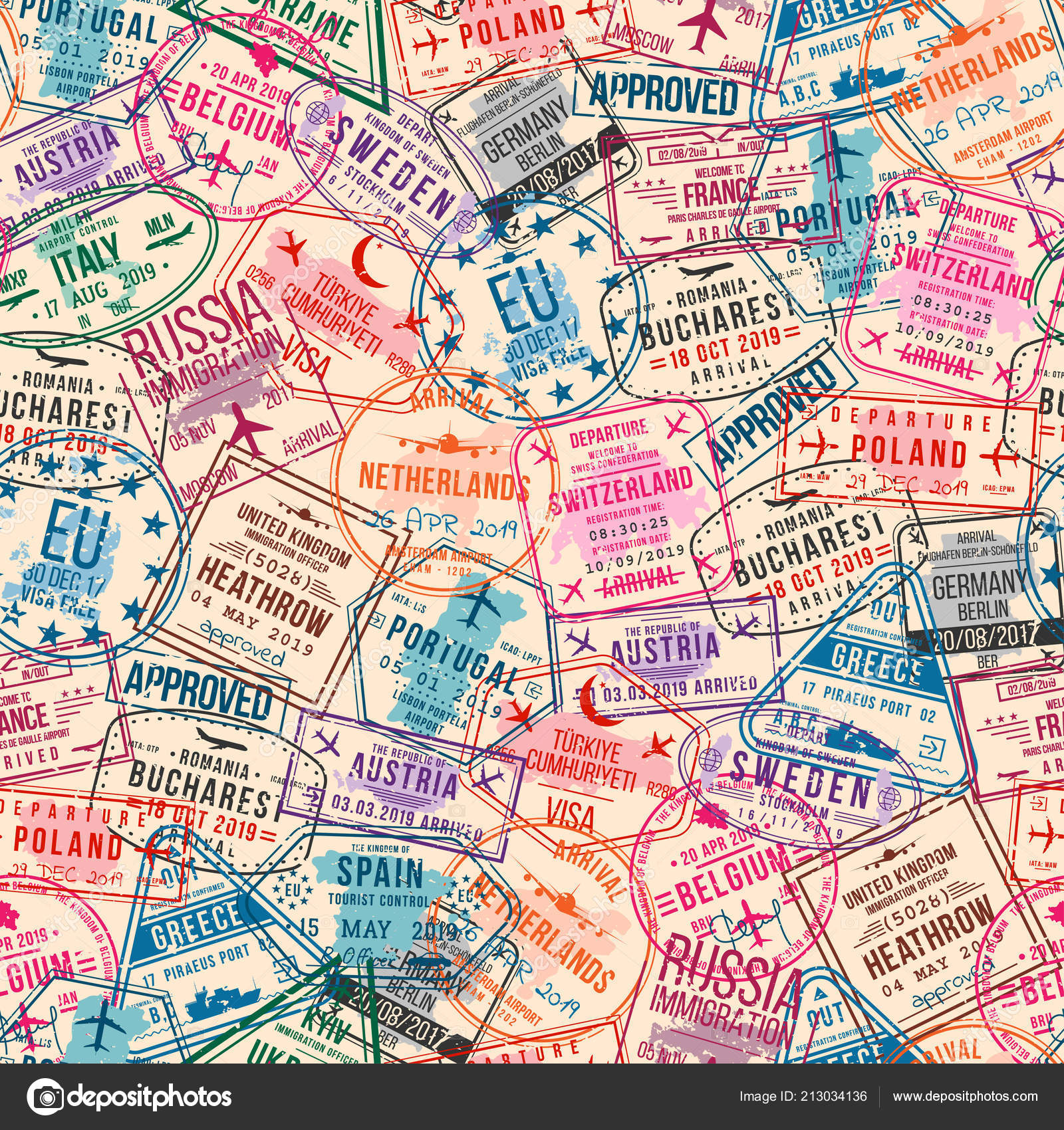 Passport Visa Stamps Seamless Pattern International Immigration Office ...