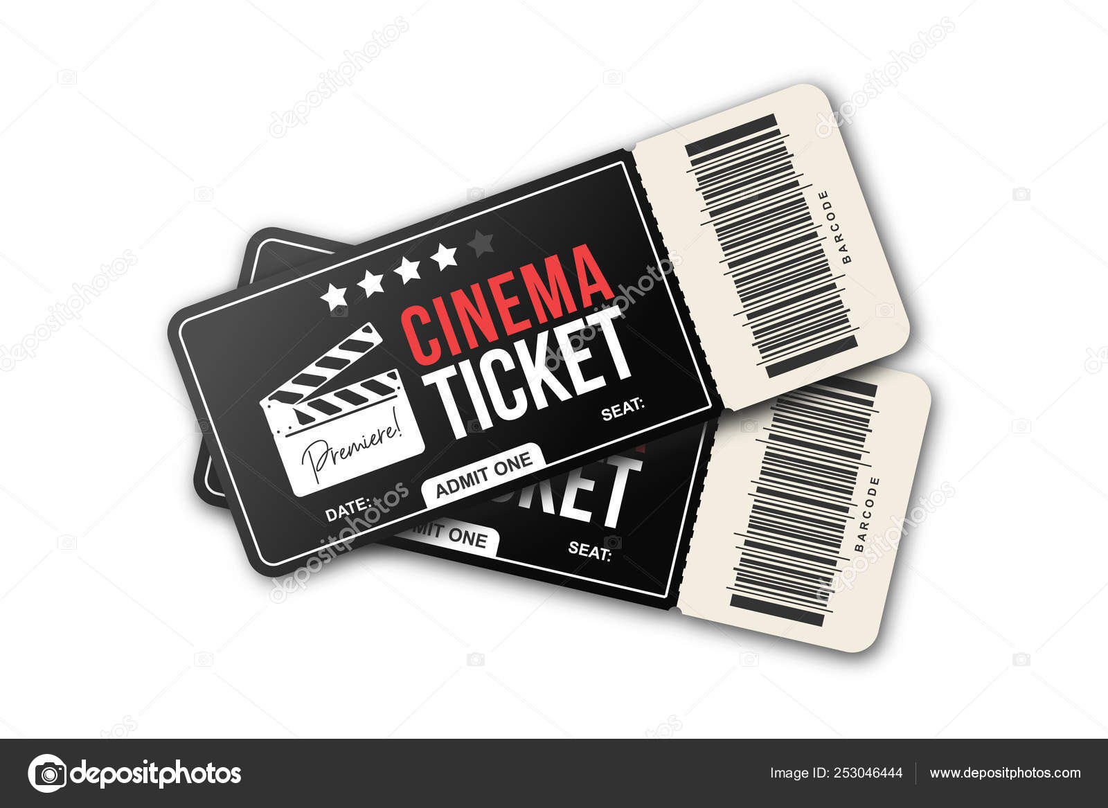 Two cinema tickets on white background. Movie tickets template in black ...