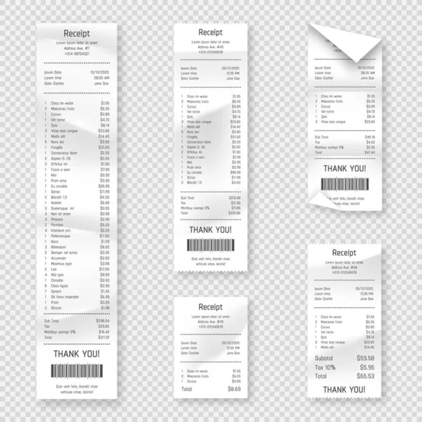 Conjunto de recibos de papel aislados sobre fondo. Recibo de papel realista, cheque y factura de ...