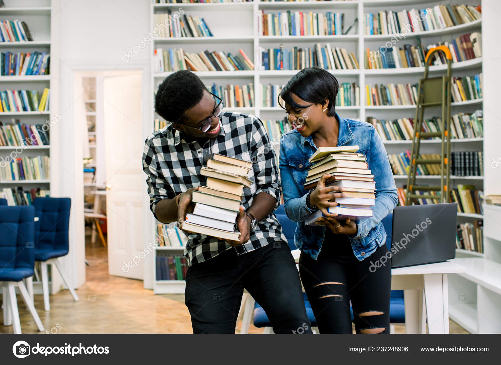 African American Students Studying Together Library Smiling Holding ...