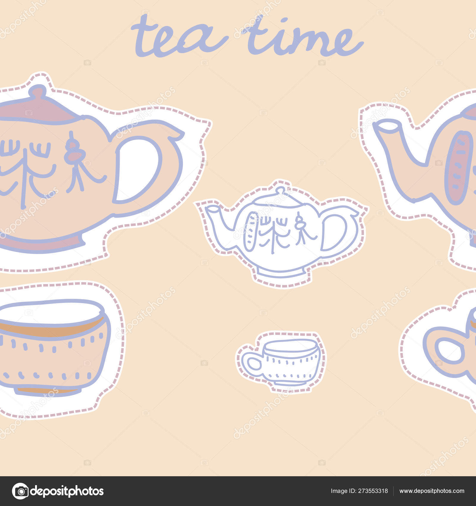 Teapots Cups Dashed Lines Tags Pattern Stock Vector by ©kuklaluda 273553318