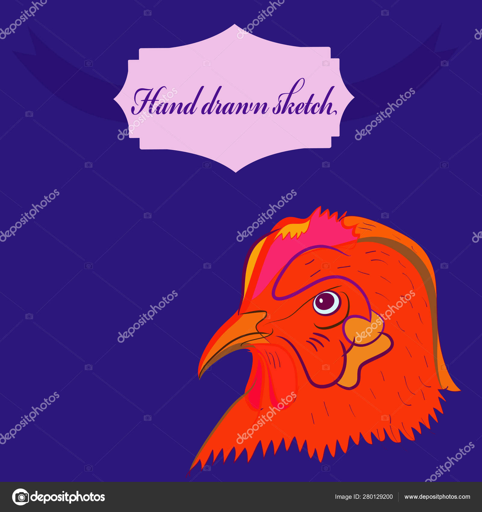 Hand Drawn Head Hen Label Dark Blue Background Still Life Stock Vector ...