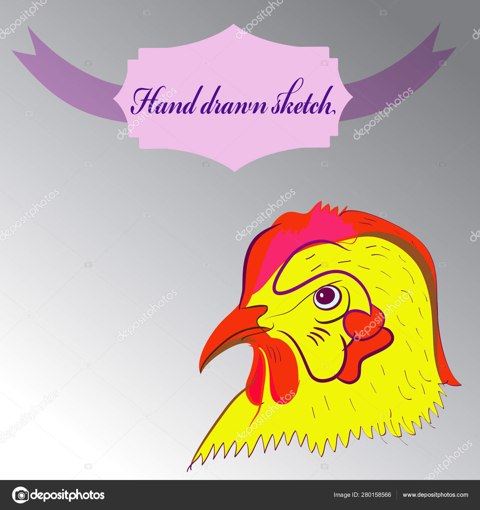 Hand Drawn Head Hen Label Gradient Gray Background Still Life Stock ...