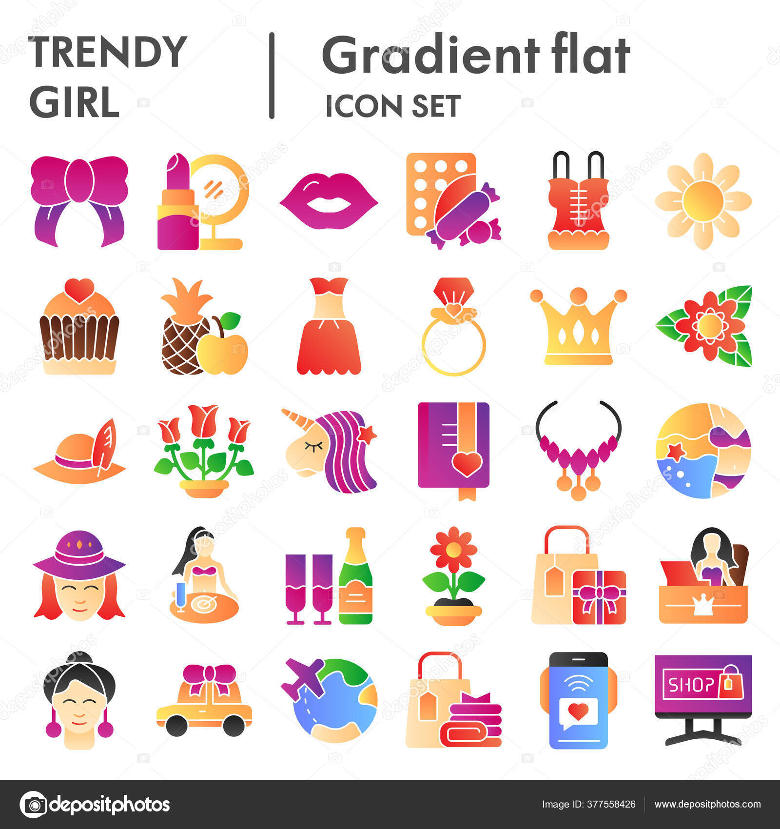 Trendy girl flat icon set, girly symbols collection, vector sketches ...